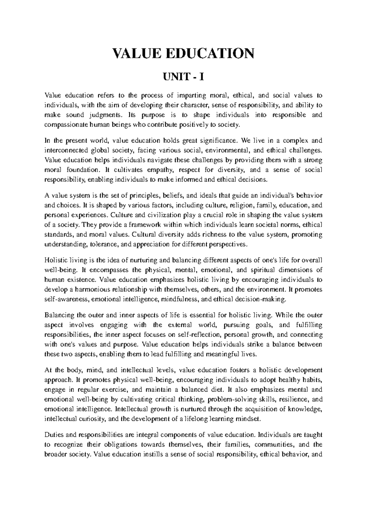 Value Education Notes - VALUE EDUCATION UNIT - I Value education refers ...