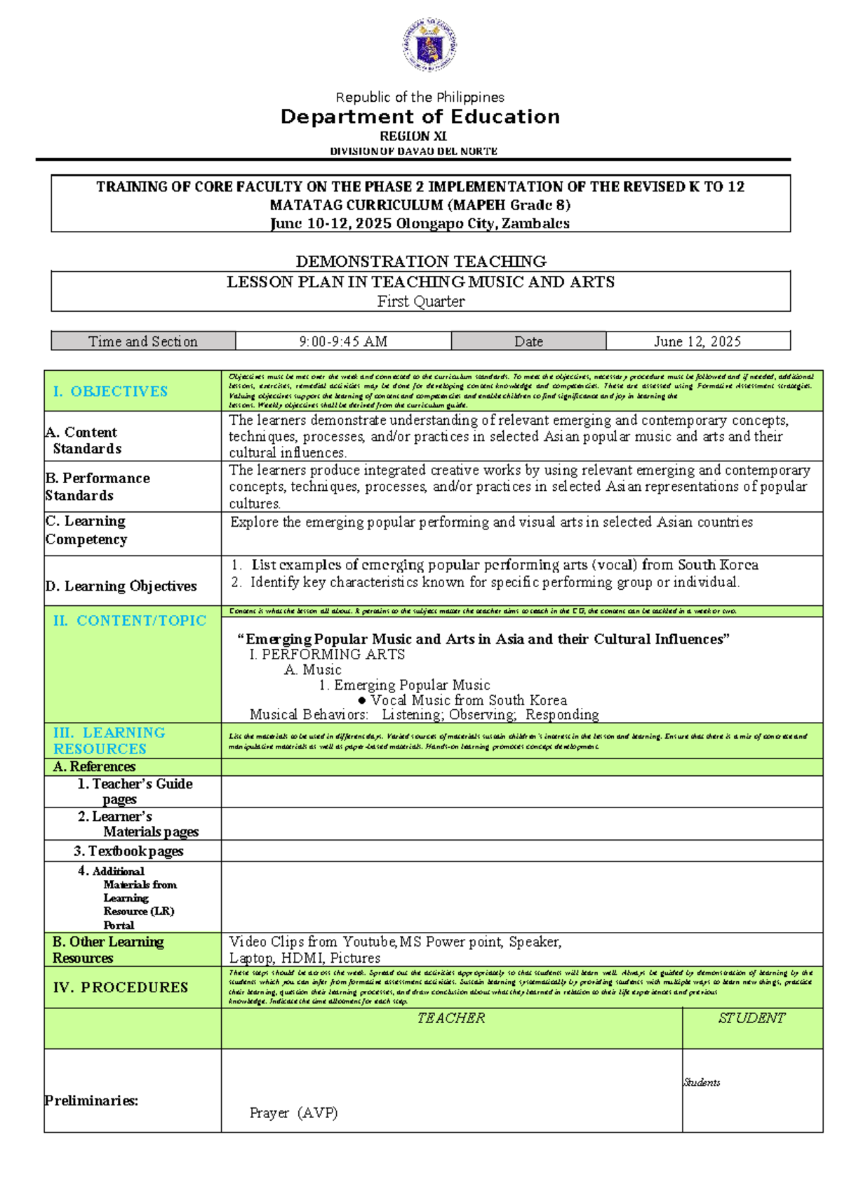 Lesson Exemplar for MAPEH 8: Music & Arts Teaching Plan - Studocu