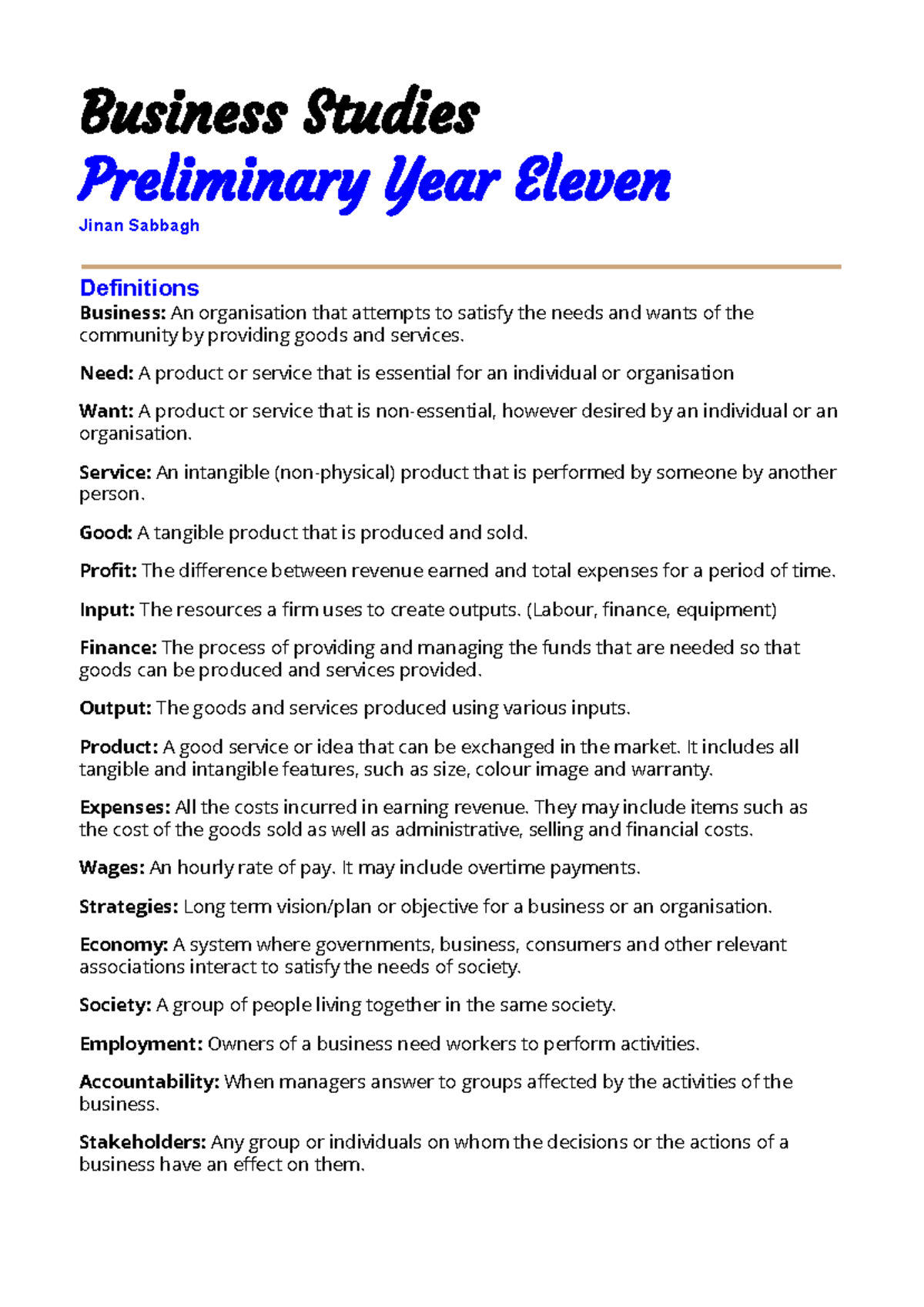 Business Studies Preliminary Year 11: Key Definitions and Concepts ...