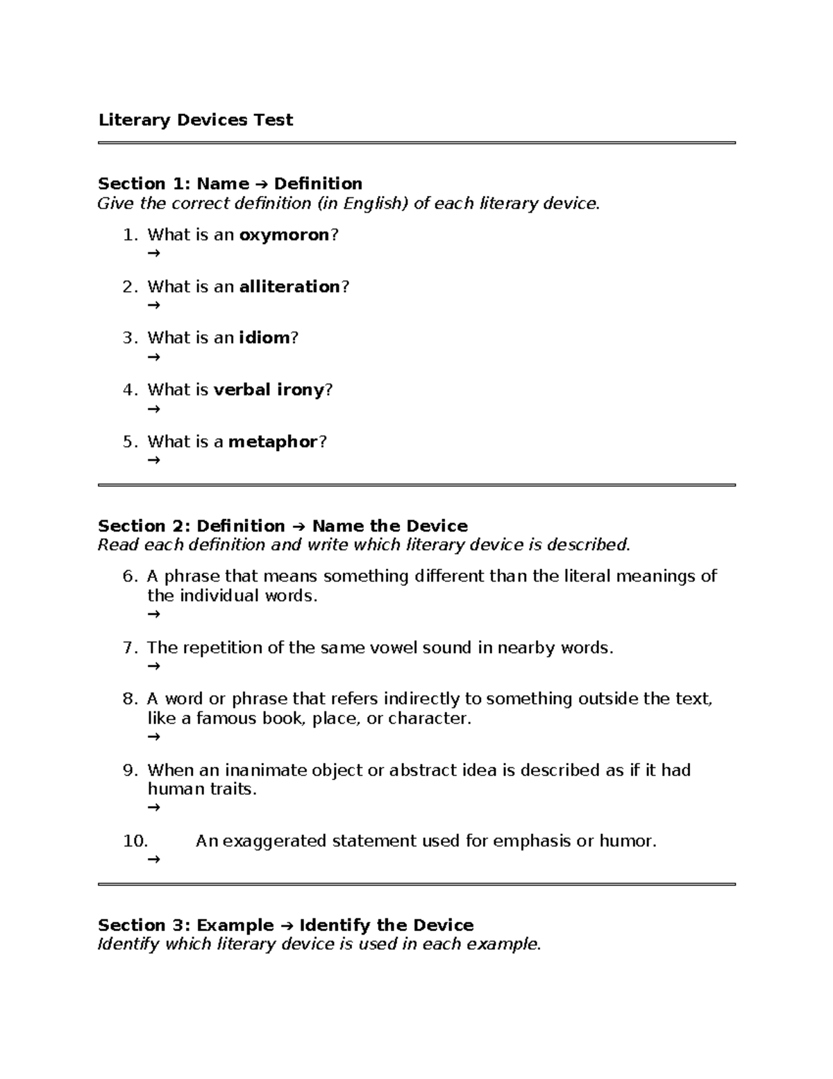 Literary Devices Test - Definitions & Examples - Studeersnel