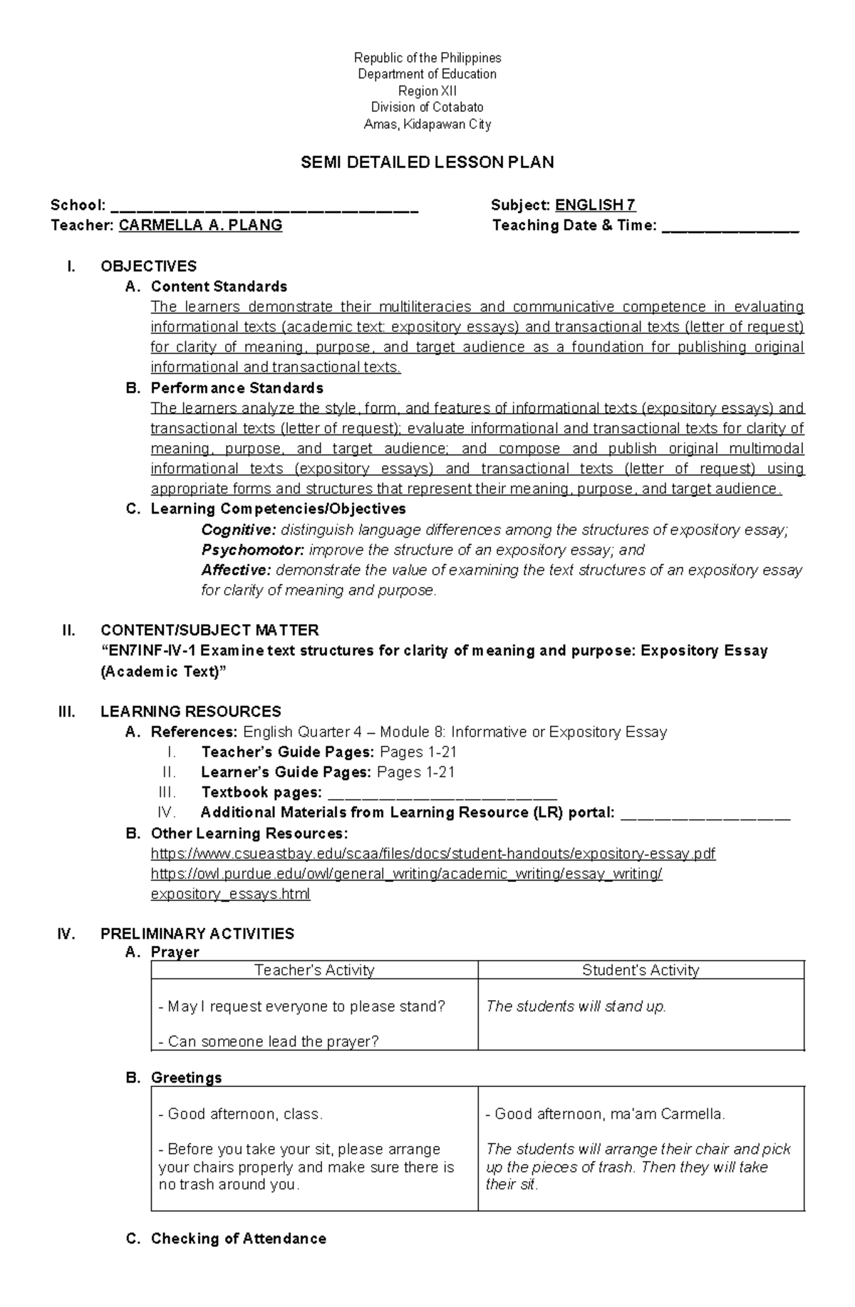 G7-Q4-Lesson Plan on Expository Essay Analysis - Studocu