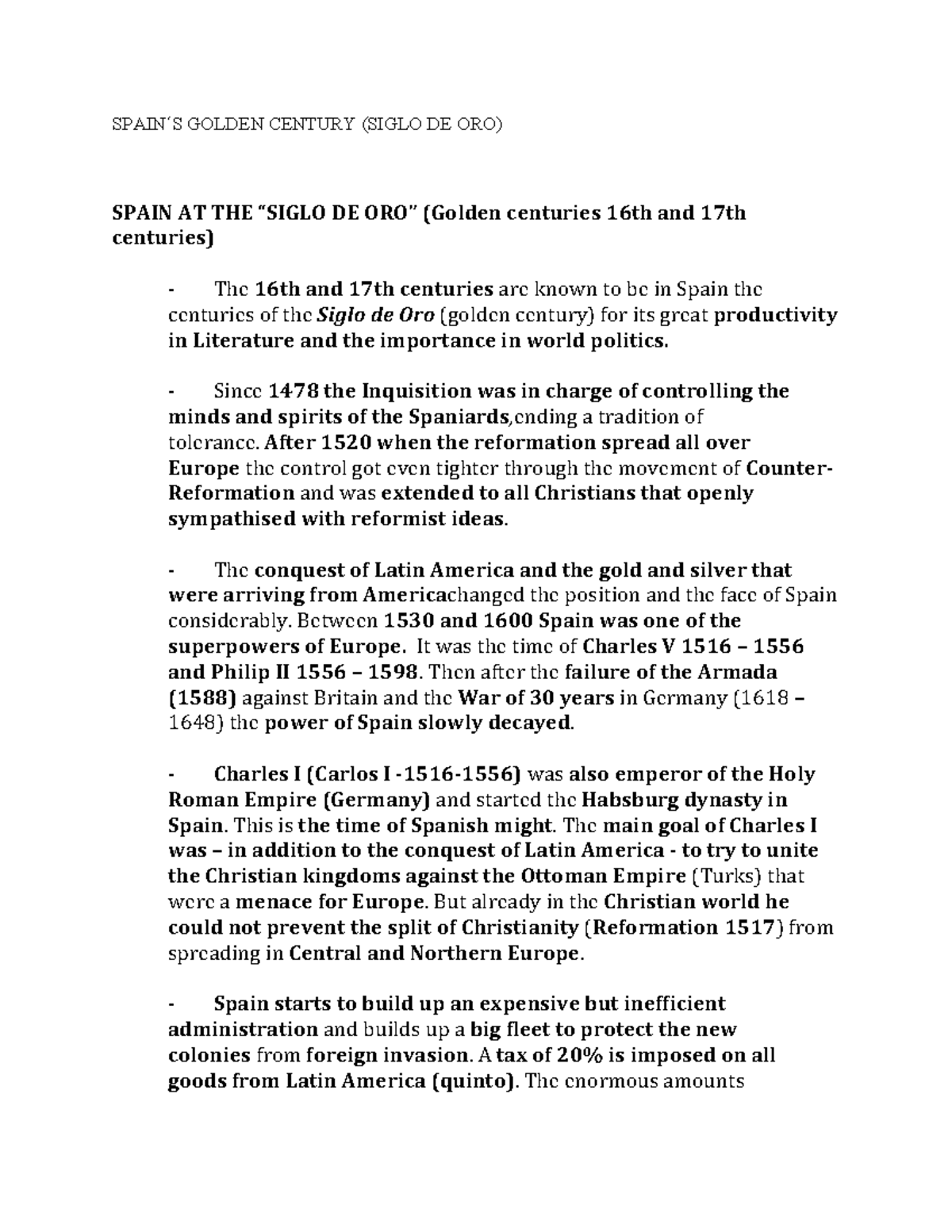 Spain's Golden Century - Lecture Notes Overview for SPAN 2600 - Studocu