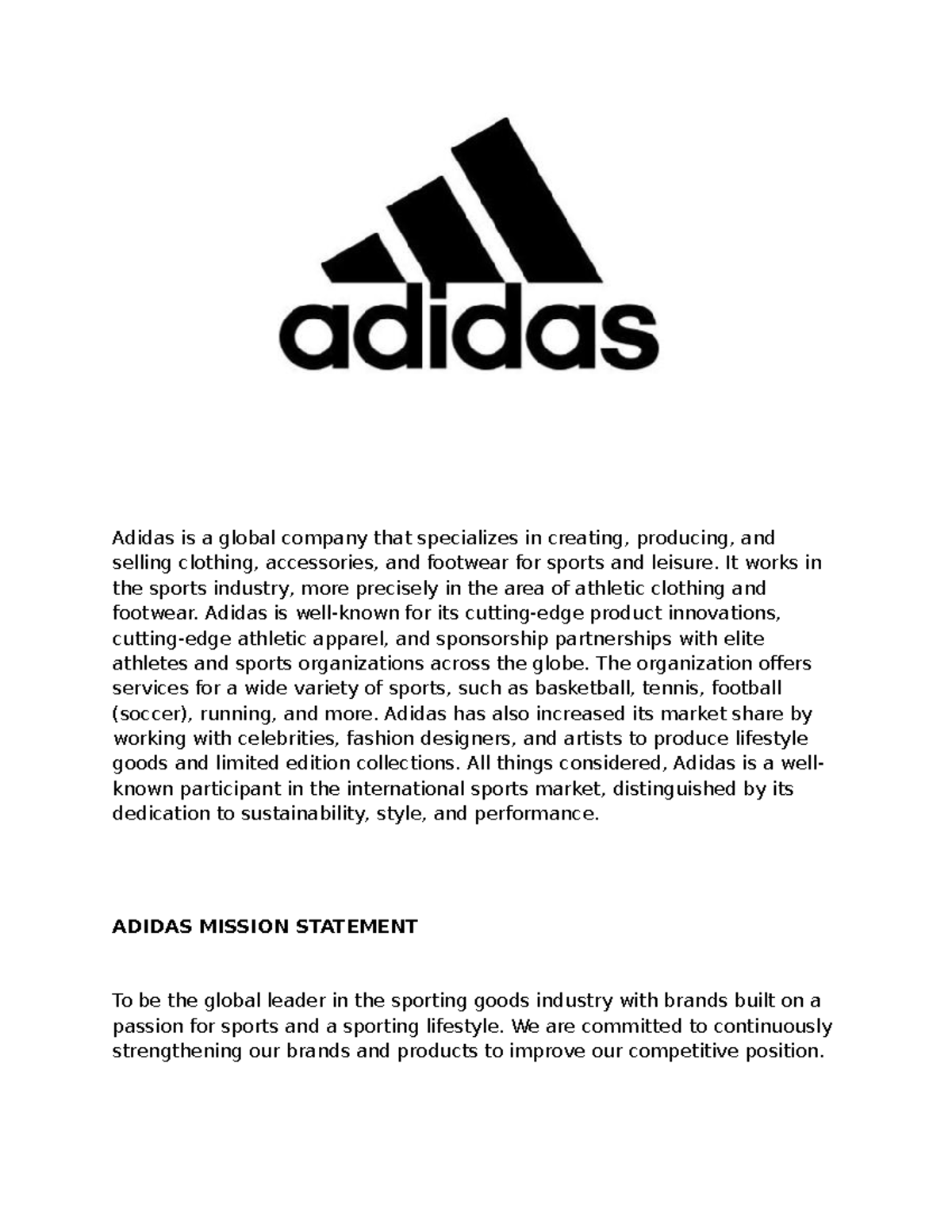 Adidas Overview: Brand Insights & Mission Statement Analysis - Studocu