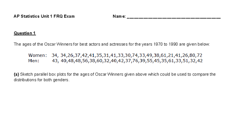 AP Statistics Unit 1 FRQ Exam Analysis and Comparisons - Studocu