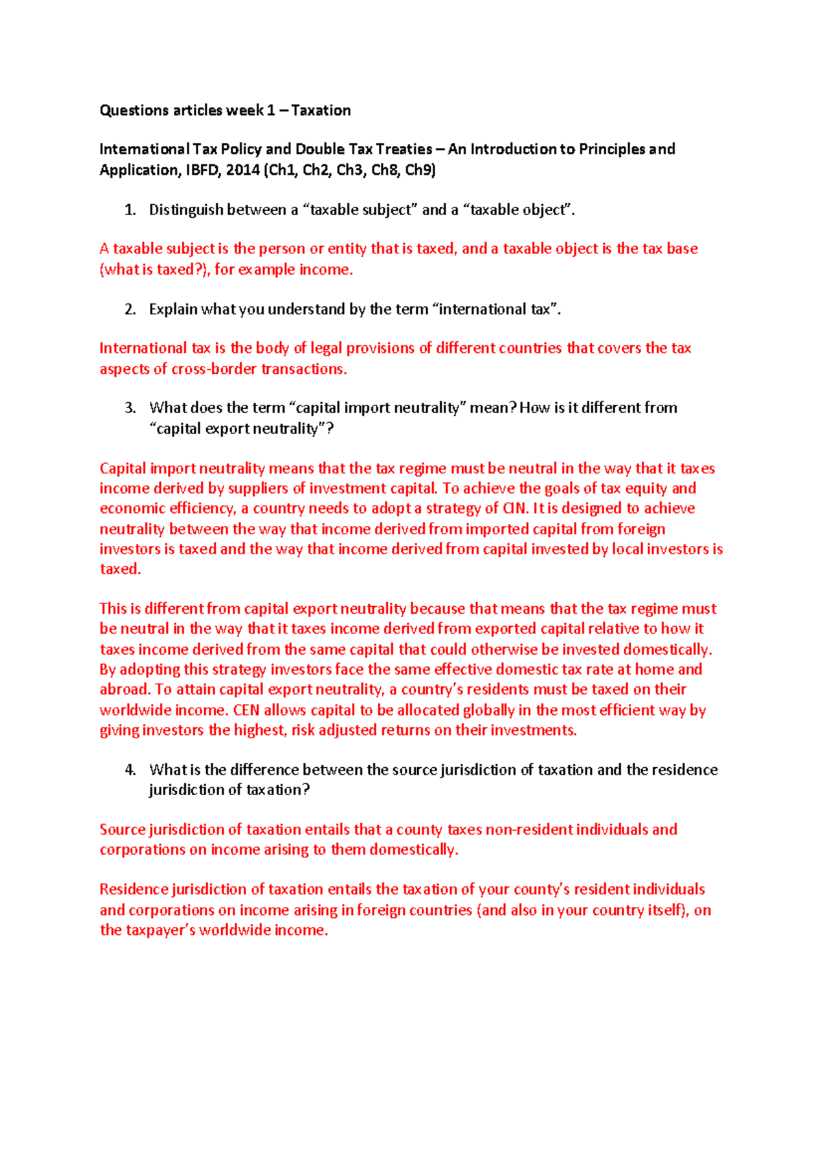 Economics of Taxation - Tutorial Questions for Week 1 (ET101) - Studeersnel