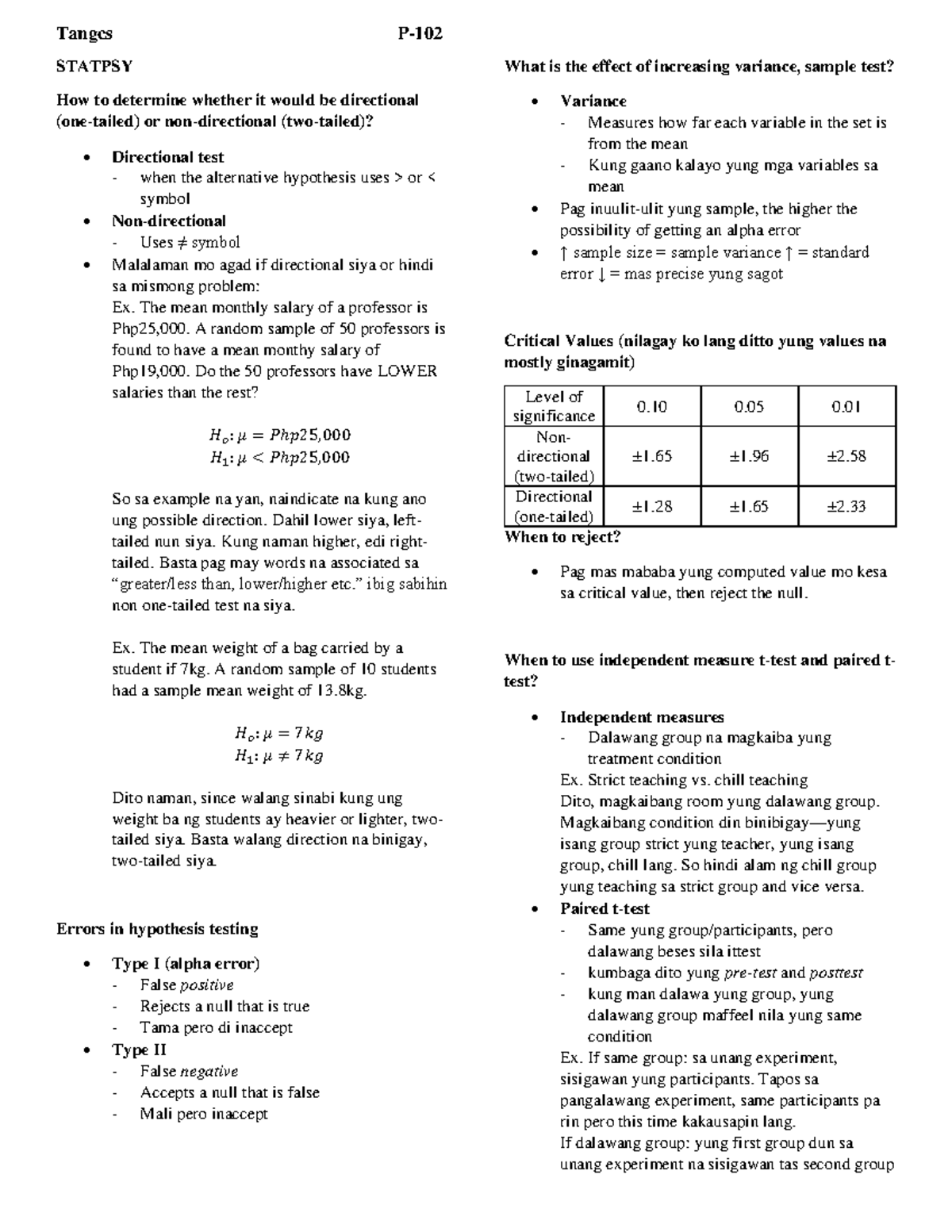 Statpsy Reviewer 2: Directional vs Non-Directional Tests and Errors ...