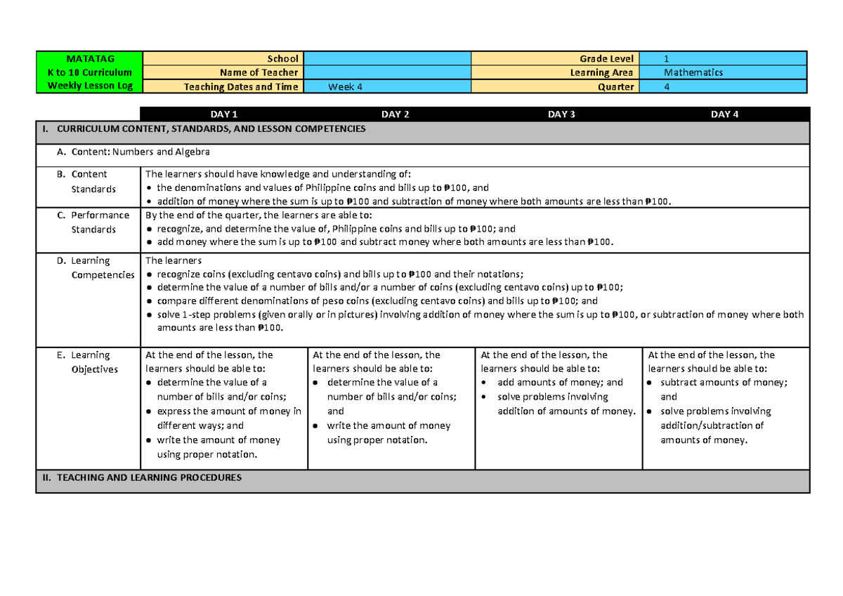 LE Math 1 Q4 Week 4 Lesson Log: Understanding Money Values and ...