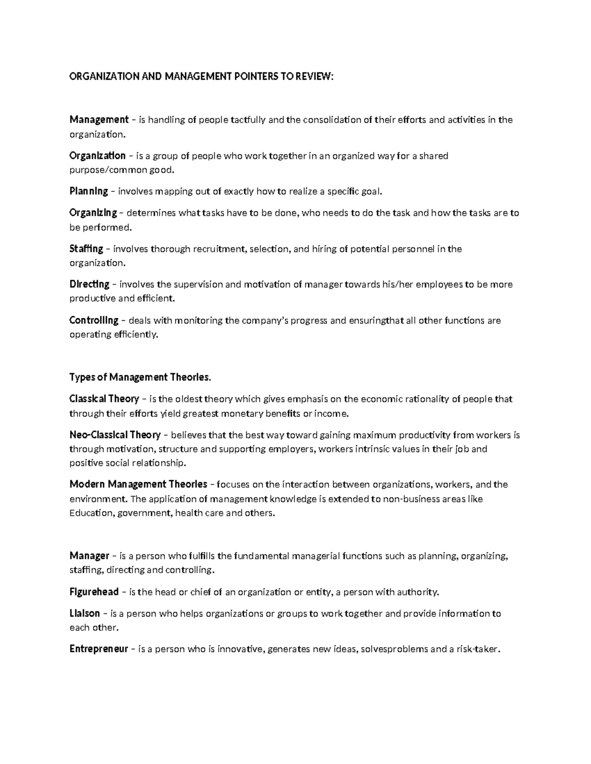 Organization and Management: Key Pointers for Review - Studocu