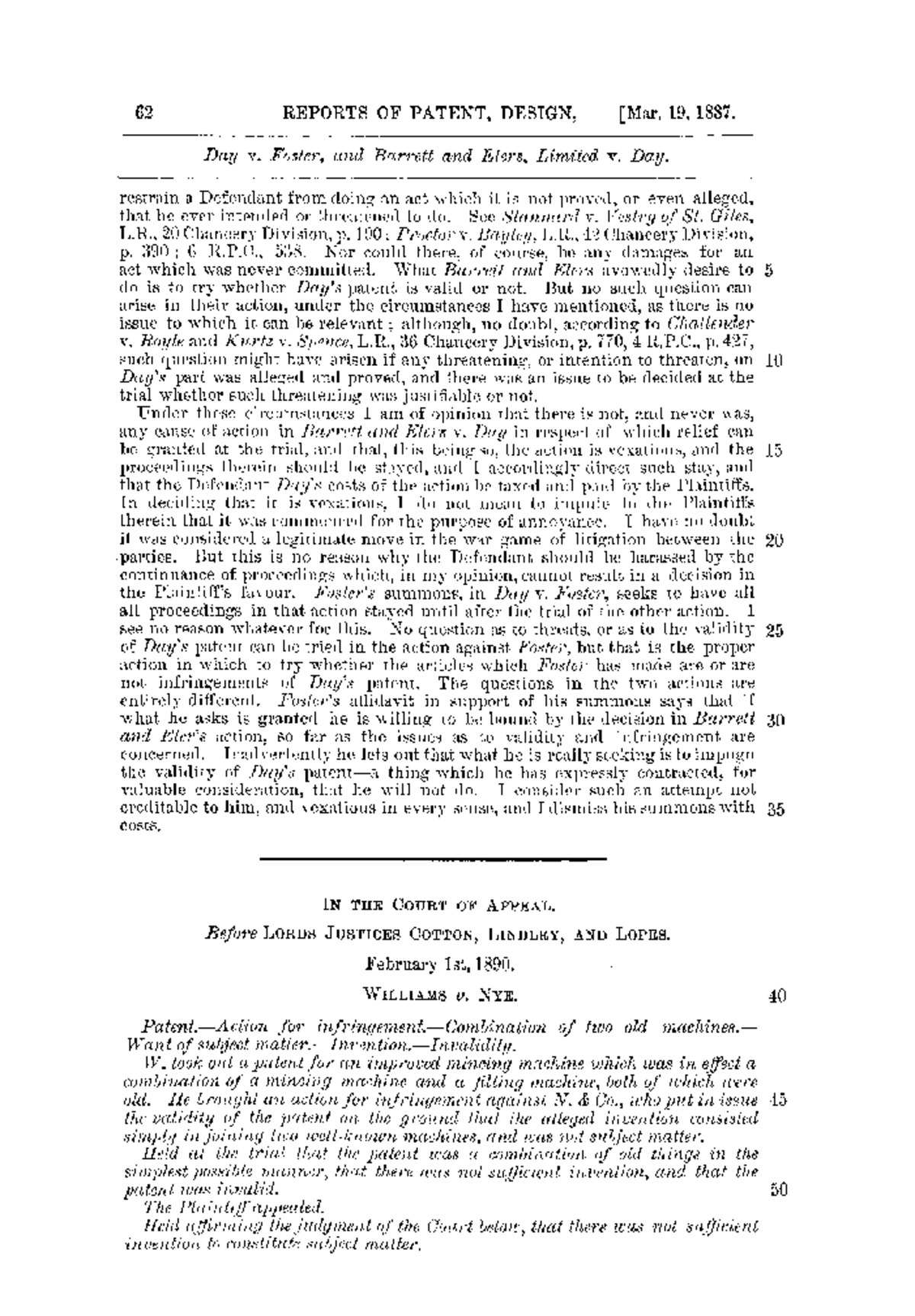 Williams v. Nye: Patent Validity and Invention Analysis [1890] RPC 62 ...