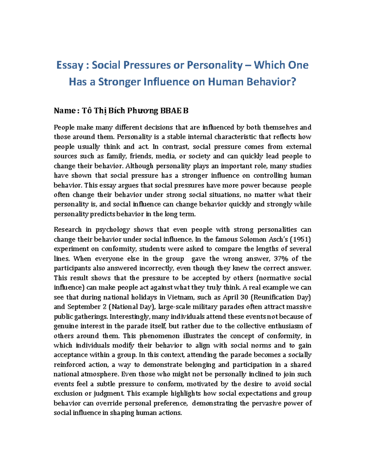 Essay: Social Pressures vs Personality Influence on Behavior BBAE B ...