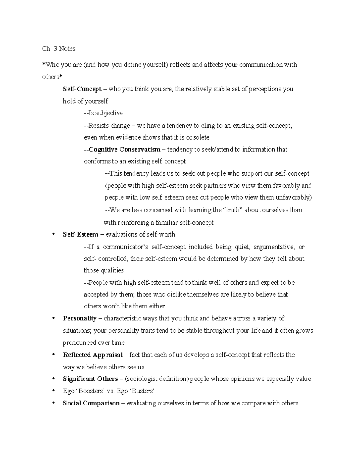 Chapter 3 Notes: Self-Perception and Communication in CMST - Studocu