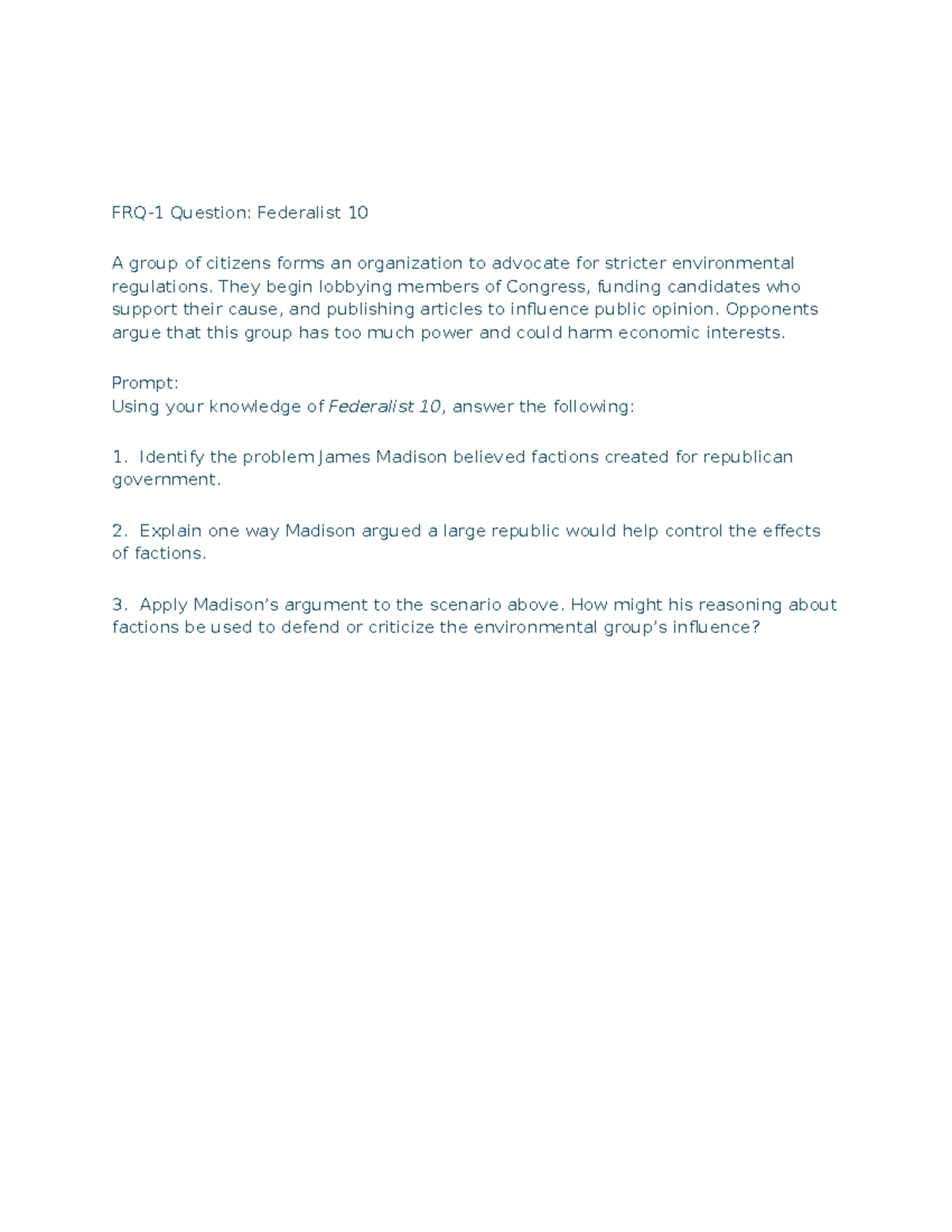 Quiz FRQ 1 - Federalist 10: Factions & Environmental Influence - Studocu