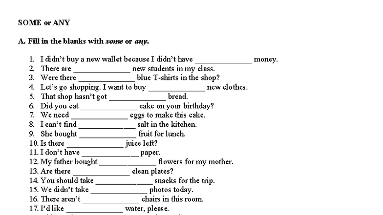 Grammar TA - SOME or ANY Fill-in-the-Blanks Exercise - Studocu