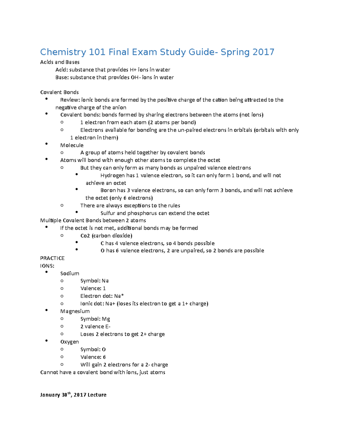 Chemistry Final Exam Study Guide - Chemistry 101 Final Exam Study Guide- Spring 2017 Acids and ...