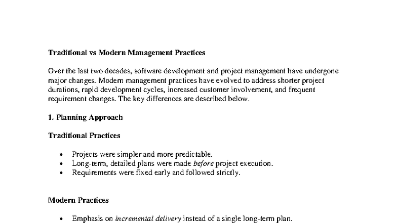 Traditional vs Modern Management Practices: A Comparative Study - Studocu
