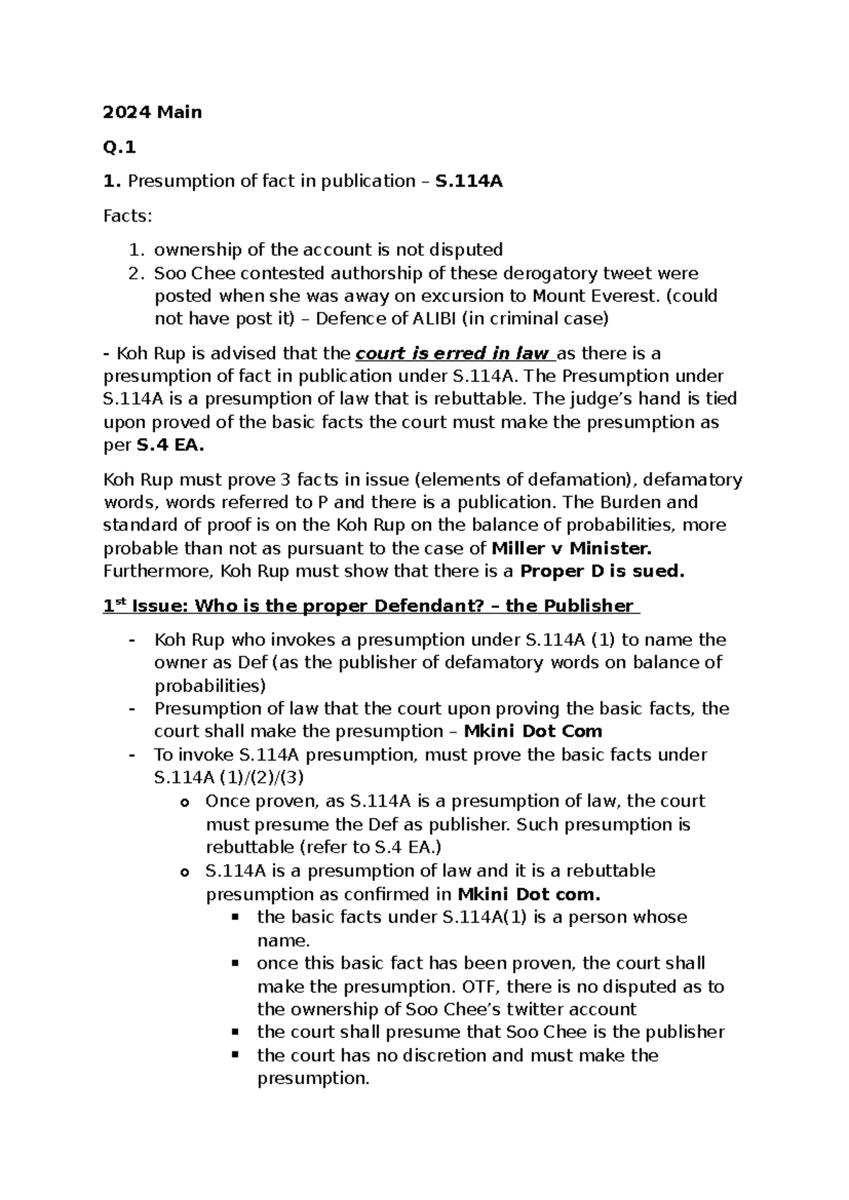 2024 Evidence Course Notes: Presumption of Fact & S.114A Analysis - Studocu