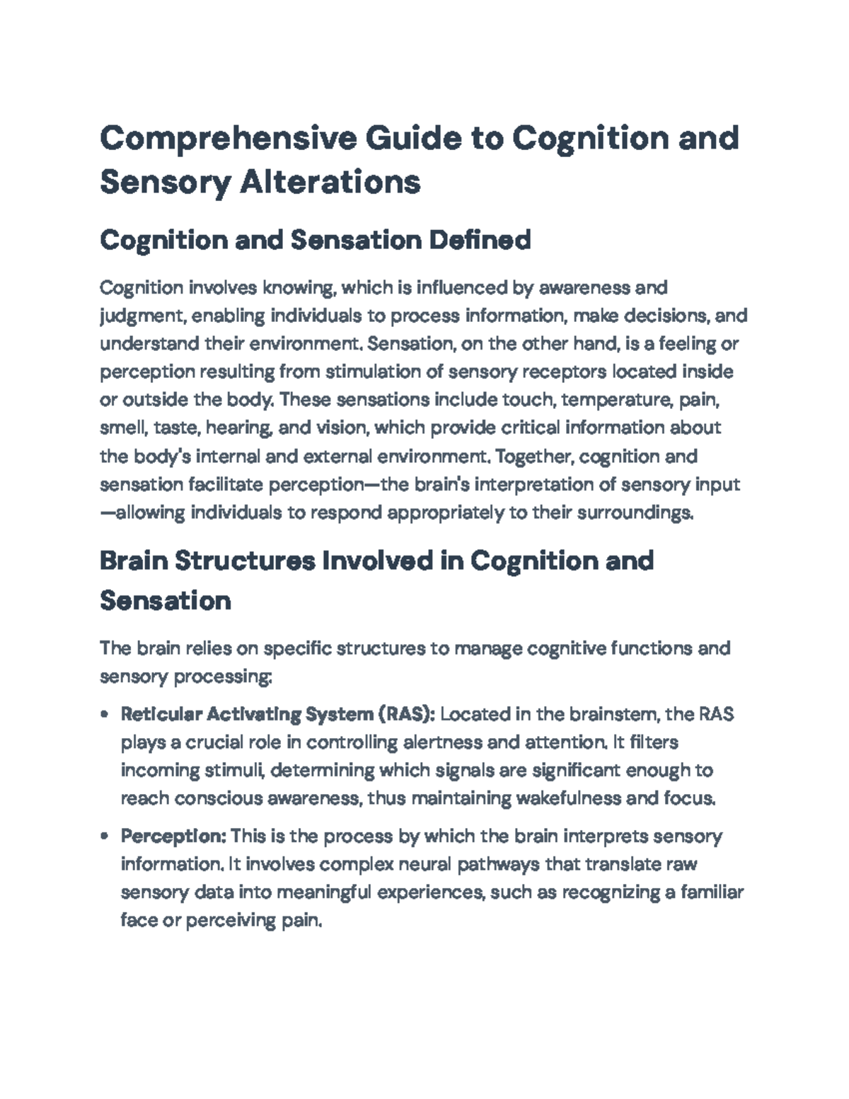 Cognition and Sensory Alterations: A Comprehensive Study Guide - Studocu