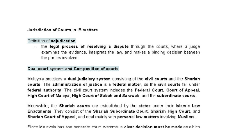 Jurisdiction of Courts in IB Matters & Takaful Overview (LAW 101) - Studocu