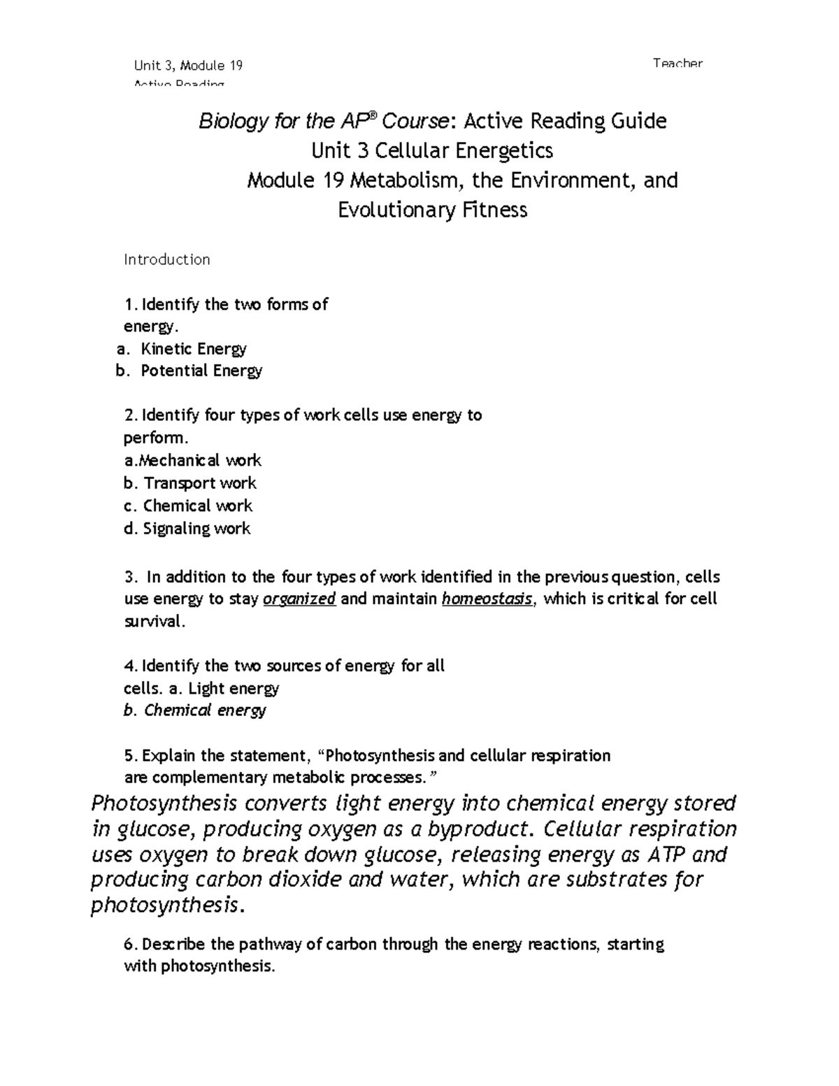 Biology AP: Unit 3 Module 19 - Metabolism & Cellular Energetics Notes ...