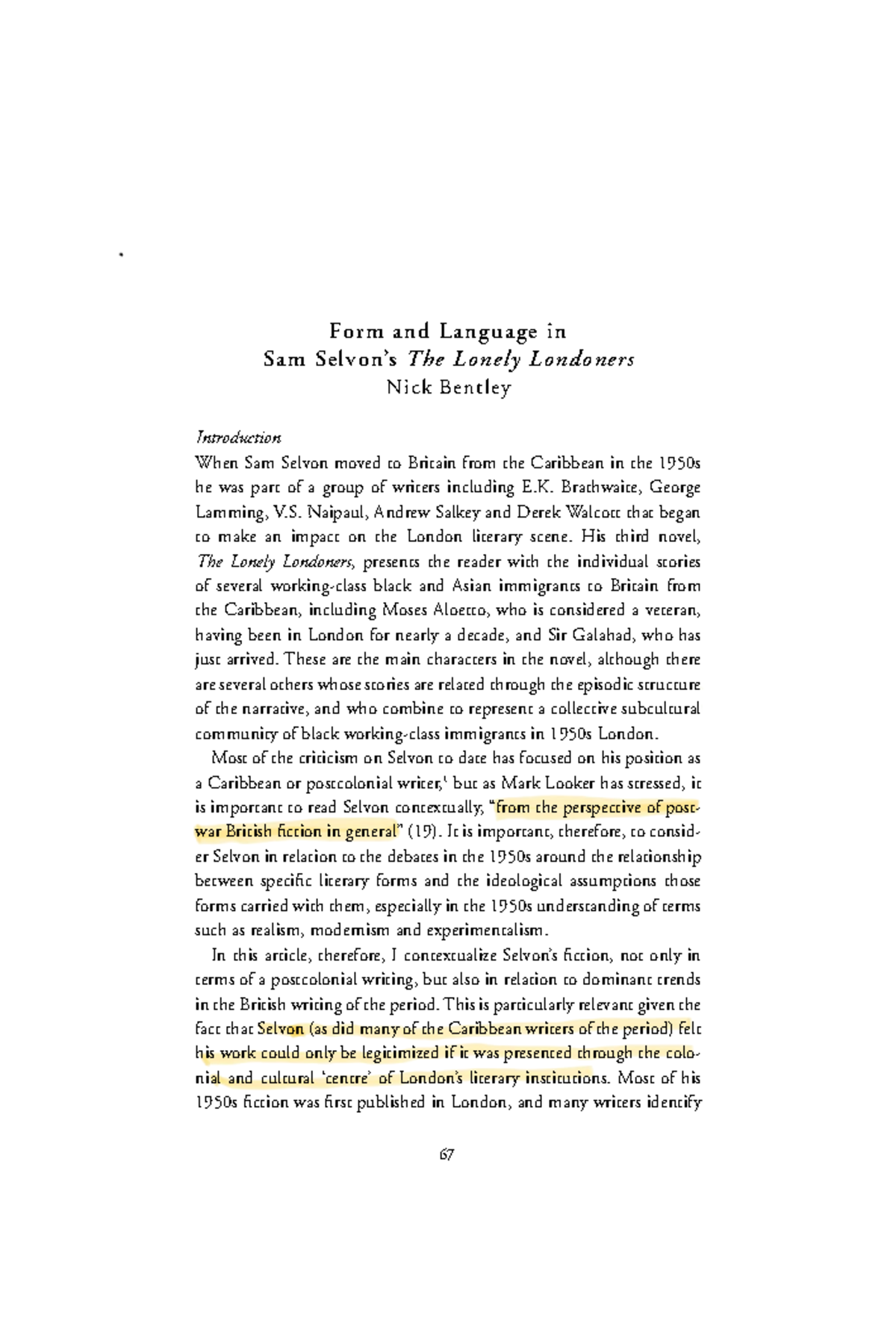 Form and Language in Sam Selvon's The Lonely Londoners: A Study - Studocu