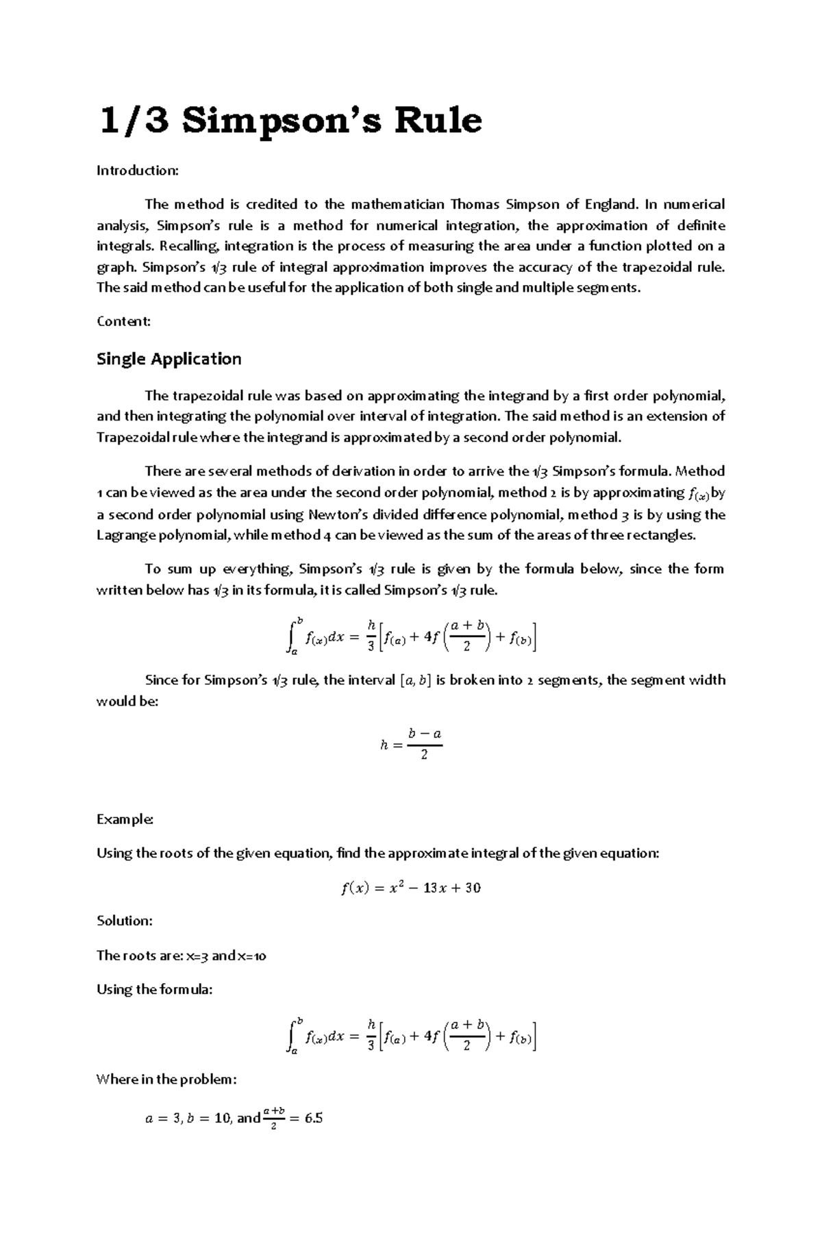 Final Exam: Num Integration Techniques (Simpson’s & Trapezoidal Rule ...
