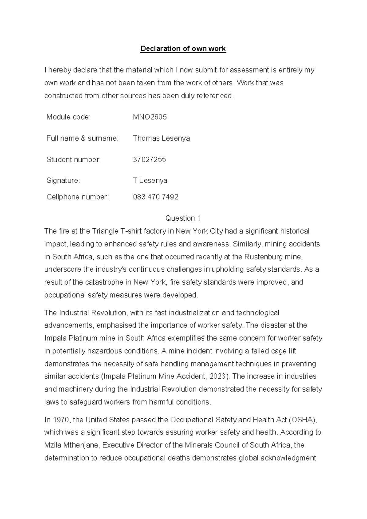 MNO2605 Assignment 4: Safety Management Lessons from Mining Accidents - Studocu