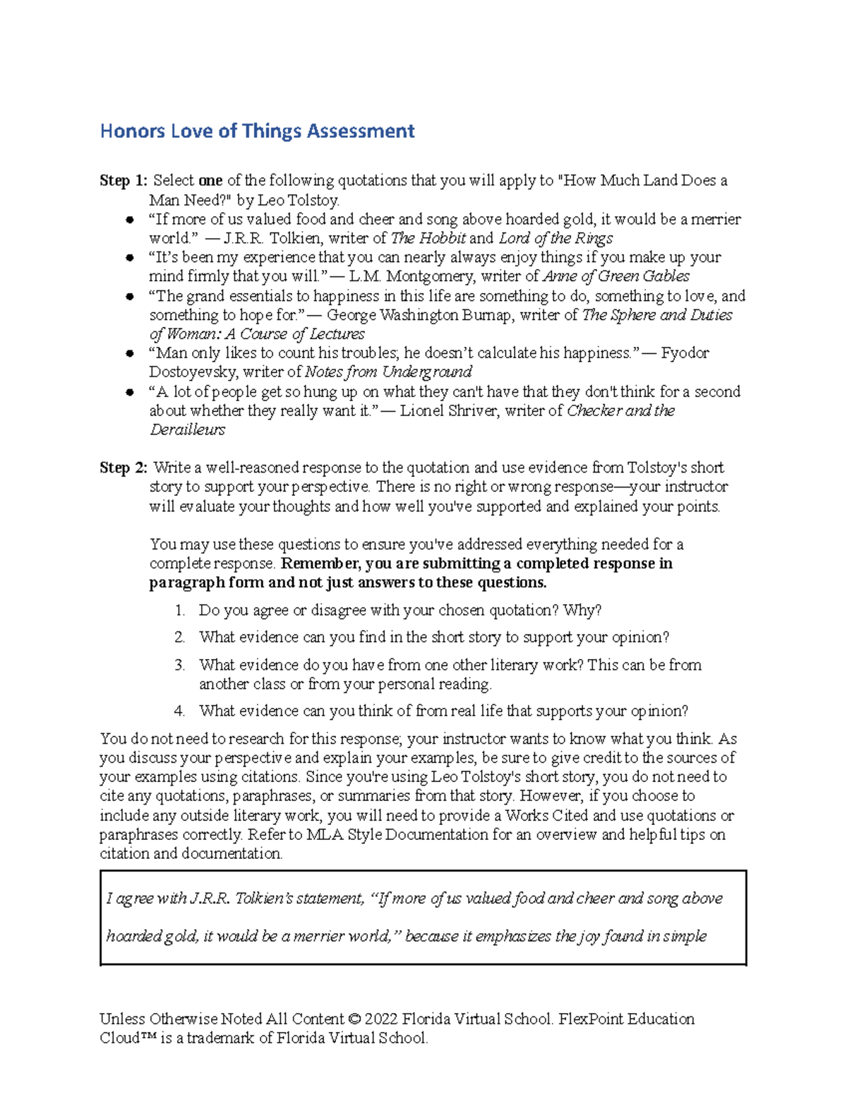 Honors Assessment: Analyzing Quotations in "How Much Land Does a Man ...