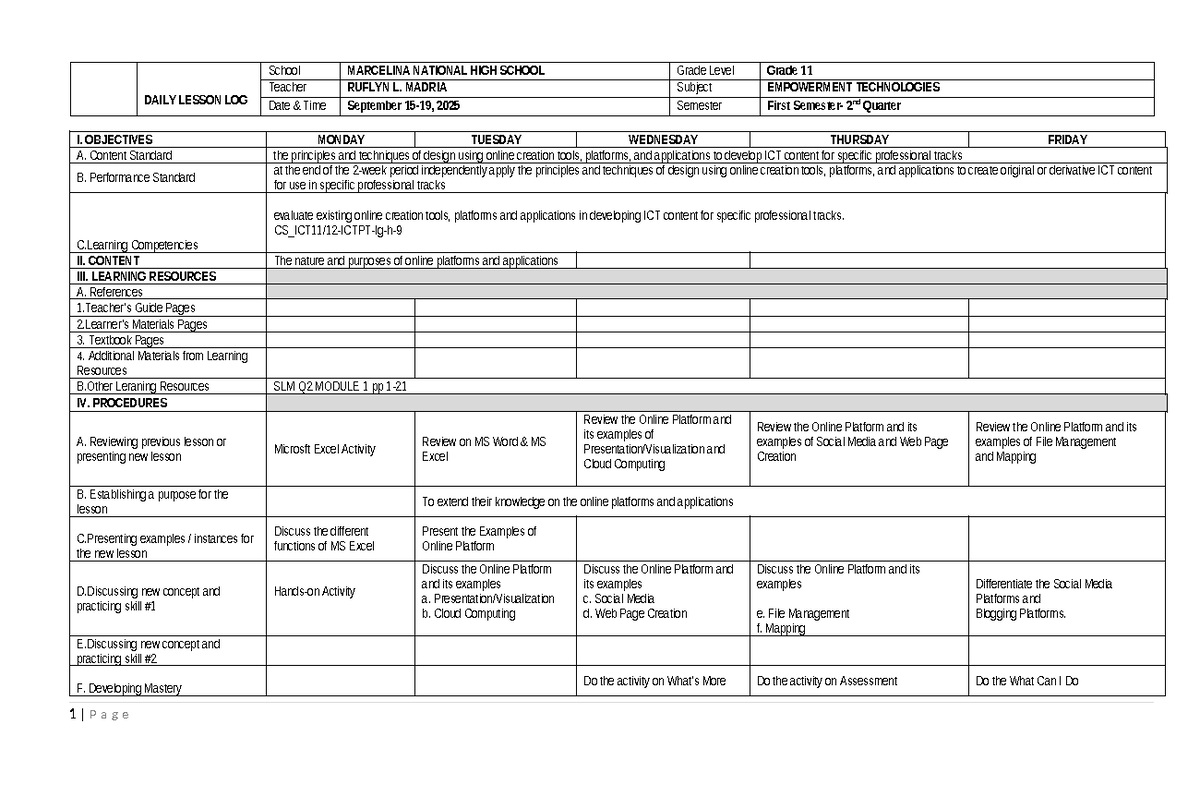 DLL-ET-4Q2 W1: Daily Lesson Log for Empowerment Tech - 2nd Quarter ...