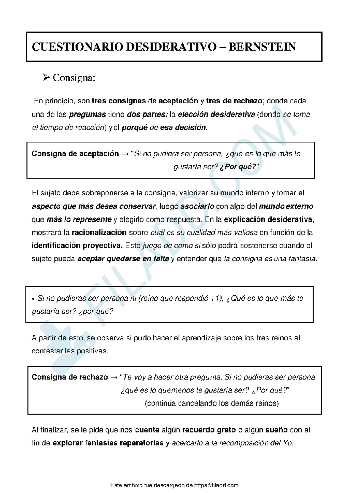 Cuestionario Desiderativo de Bernstein: Análisis y Técnicas - Studocu