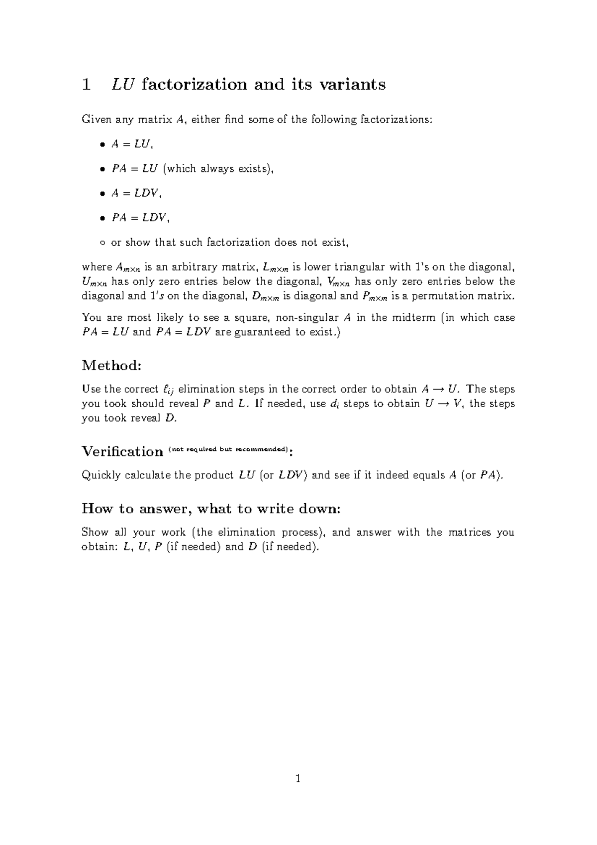 Midterm Review: LU Factorization, Inverses, and Subspaces (MATH 301 ...