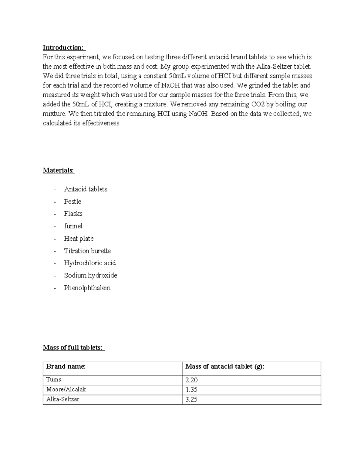 Lab Report #12: Effectiveness of Antacid Brands in Neutralizing HCl ...