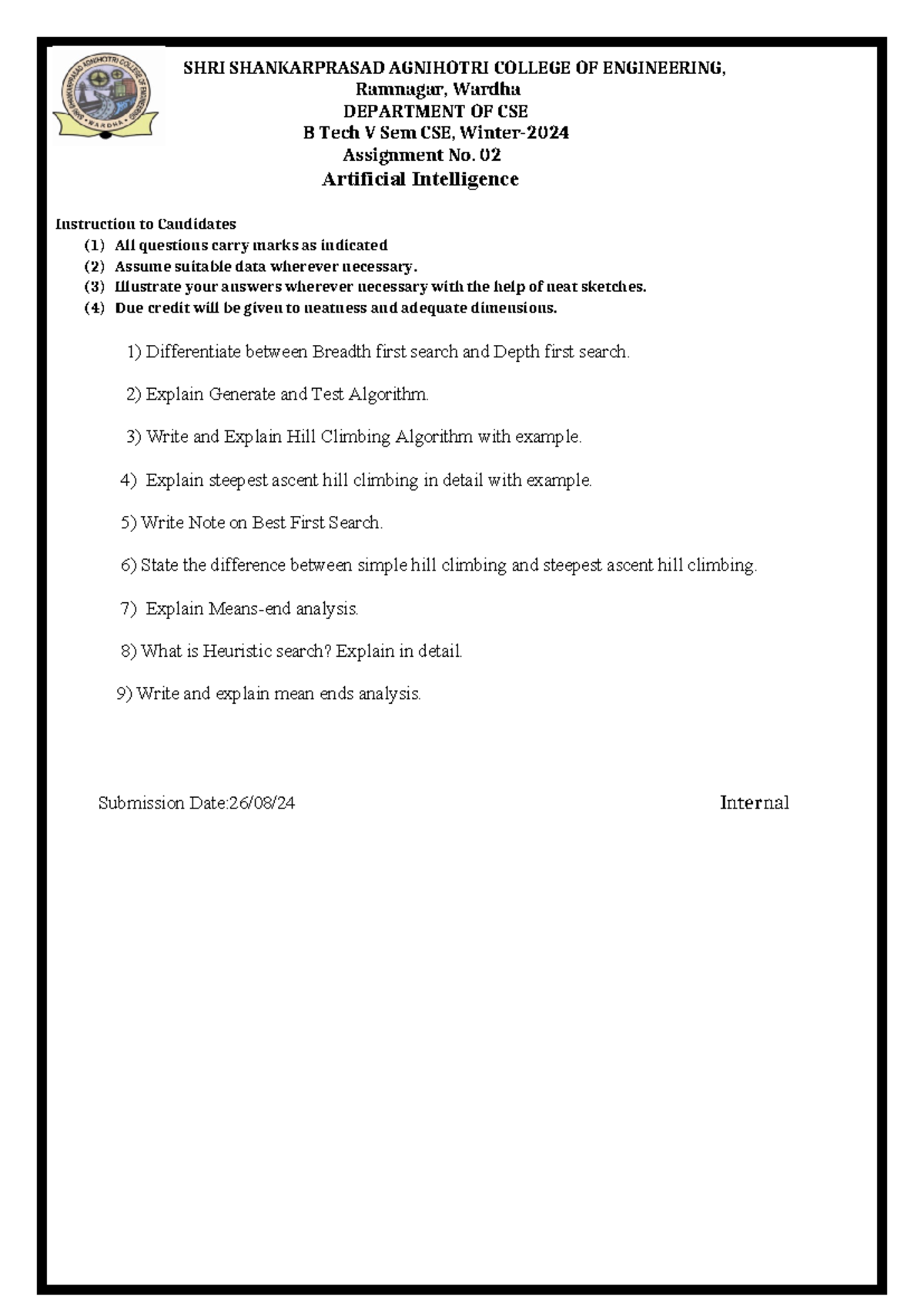 CSE B Tech V Sem Assignment 02: AI Practice Material - Studocu