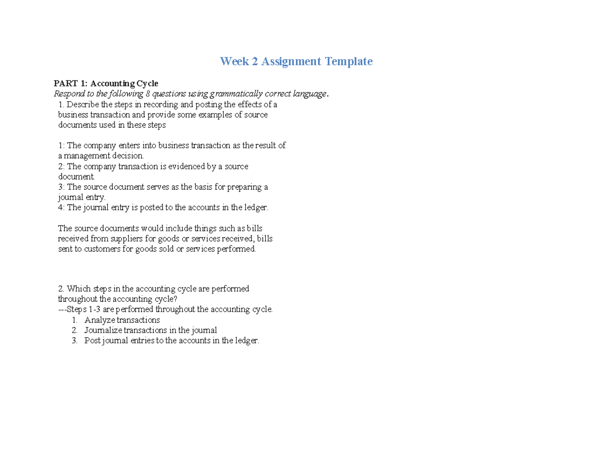 ACC 101 Week 2 Assignment Template: Accounting Cycle & Journal Entries ...