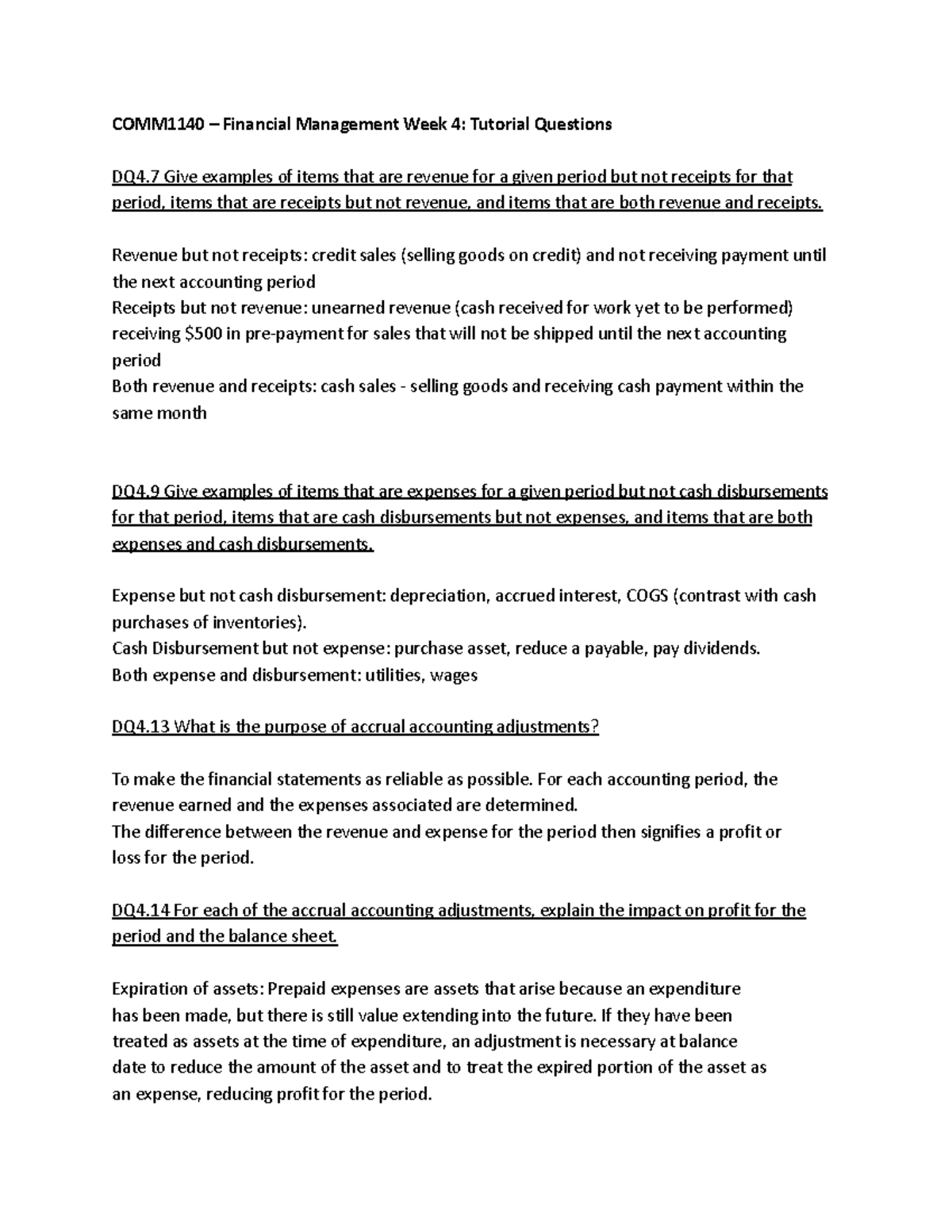 COMM1140 Week 4 Financial Management Homework Solutions - Studocu