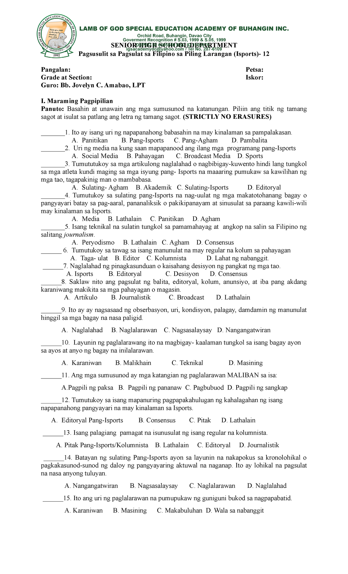 Prelim-Exam-Pagsulat-sa-Filipino-12-Isports-Questionnaire - Studocu