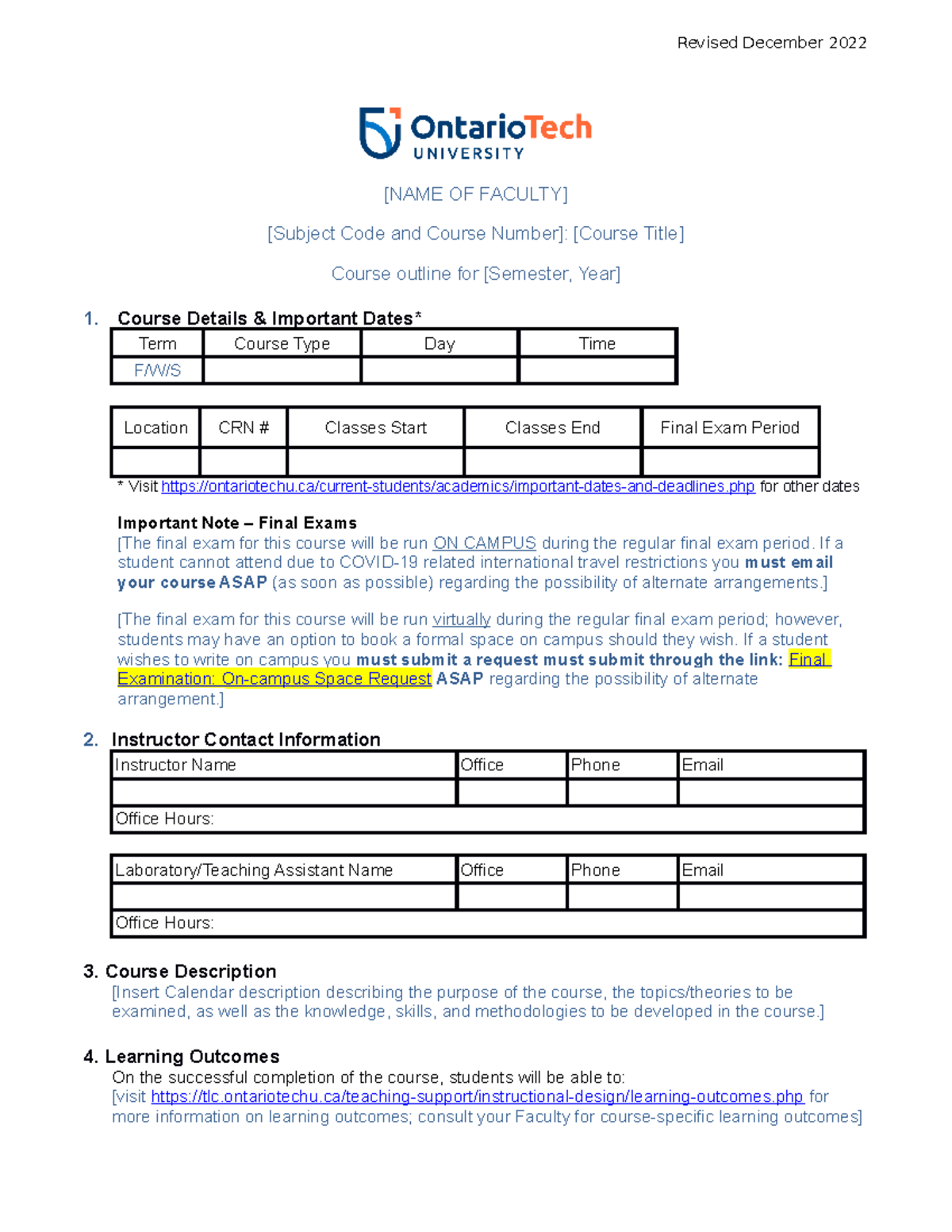 Model course outline template updated december 2022 - [NAME OF FACULTY ...