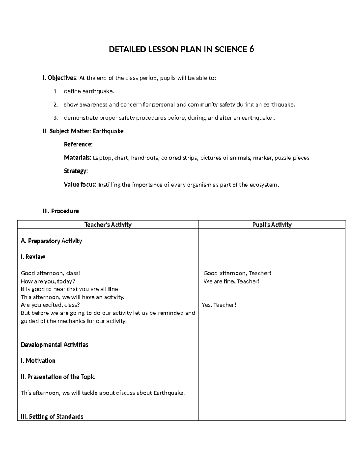 Science 6 lesson plan on earthquakes and safety procedures - Studocu