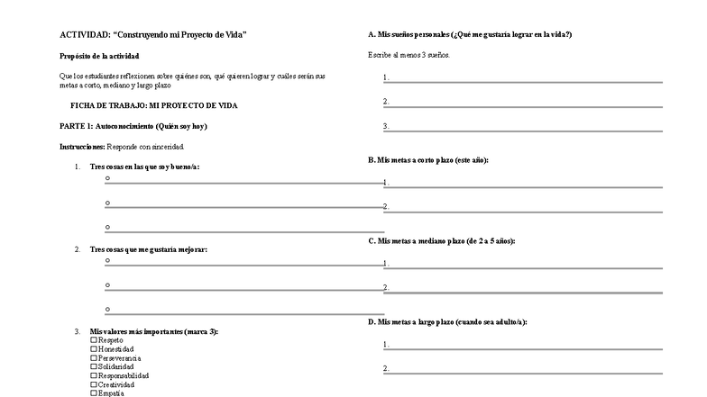 Actividad: Mi Proyecto de Vida - Reflexiones y Metas Personales - Studocu