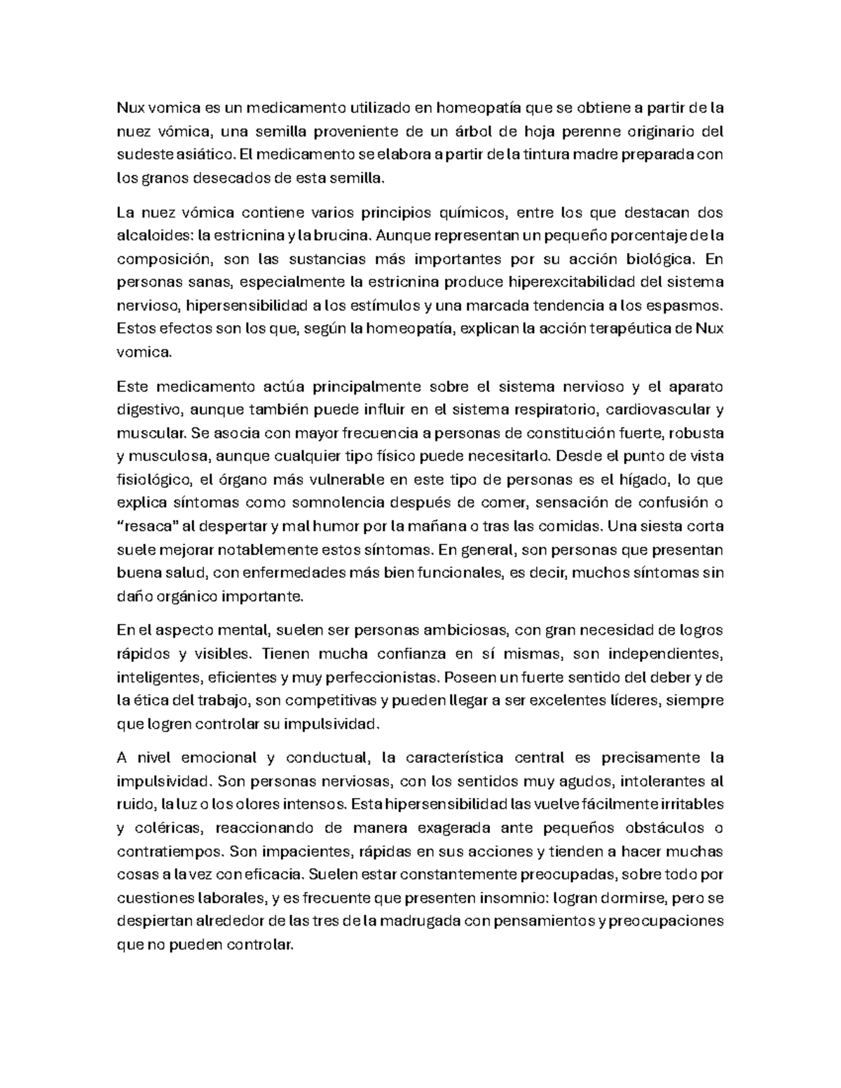 Resumen de NUX Vomica en Homeopatía: Usos y Efectos - Studocu