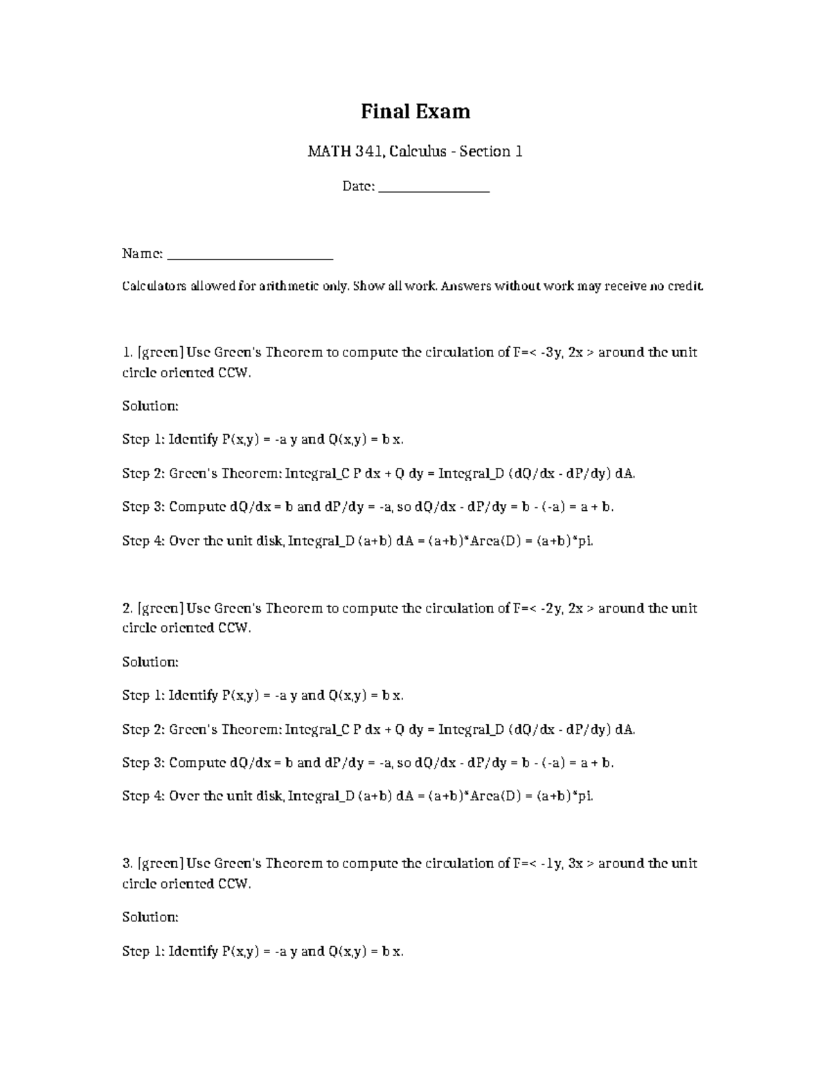 Final Exam Solutions for MATH 341: Calculus Section 1 - Studocu