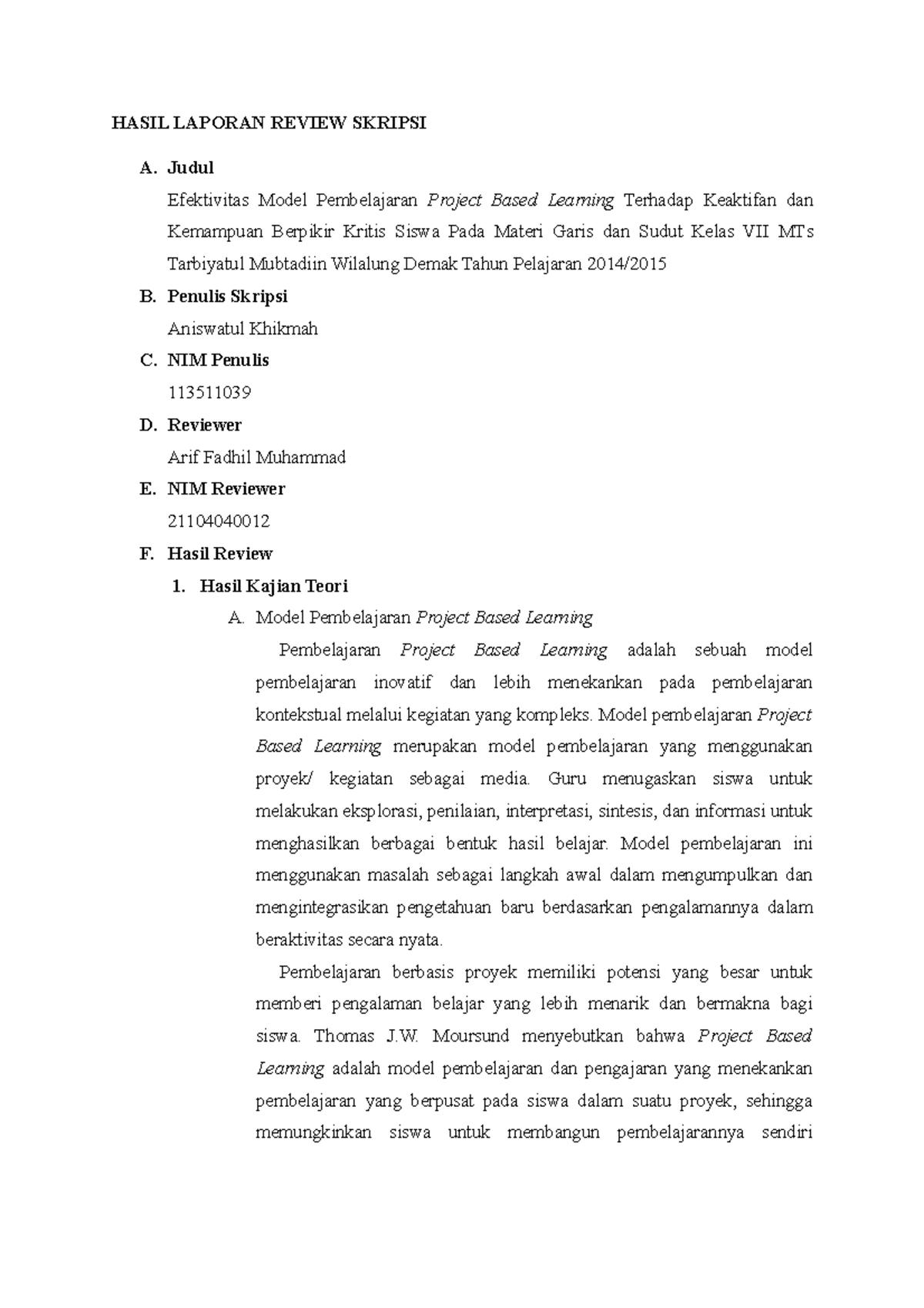 Review Skripsi: Efektivitas Pembelajaran Project Based Learning Kelas ...