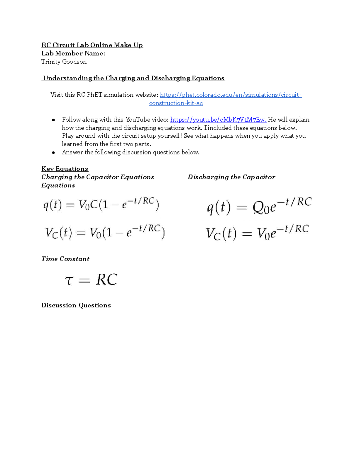 RC circuit makeup - Understanding charging and discharging equations ...