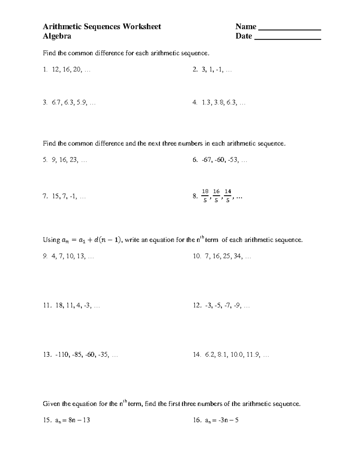 Algebra 101: Arithmetic Sequences Worksheet - Studocu