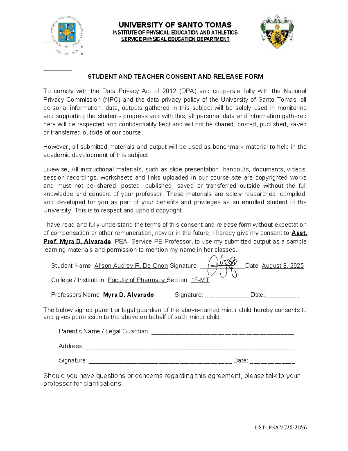 [Pathfit] Student & Teacher Consent Release Form - Studocu