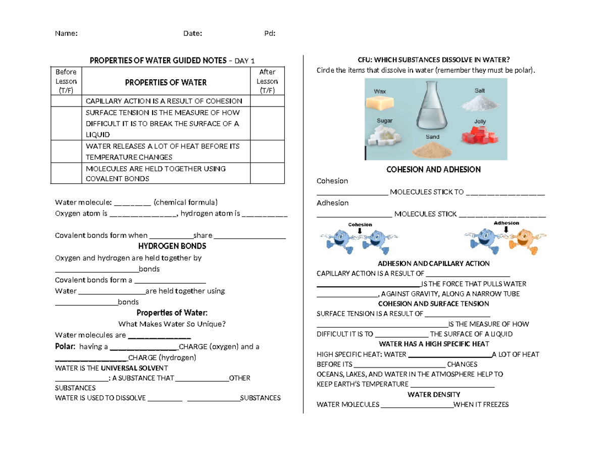 Properties of Water Guided Notes - Day 1 GN - Studeersnel