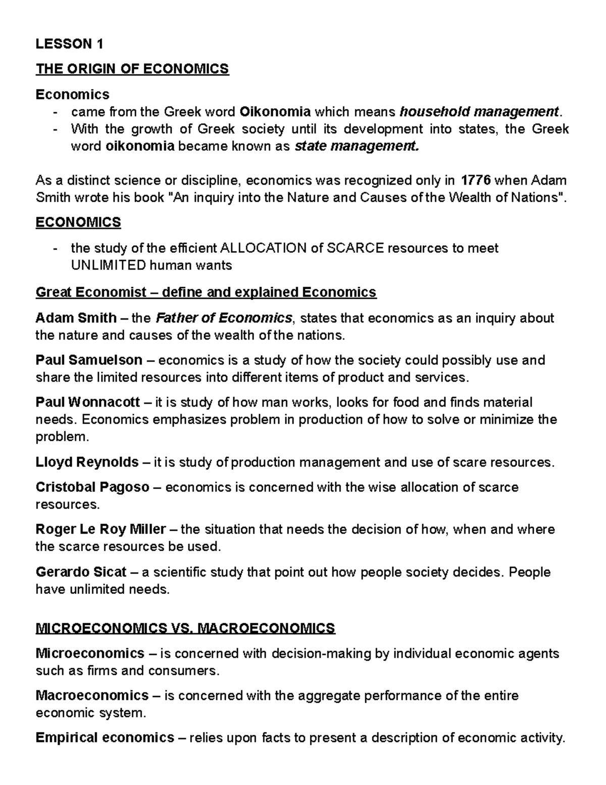 ECO 101: Lesson on The Origins and Principles of Economics - Studocu
