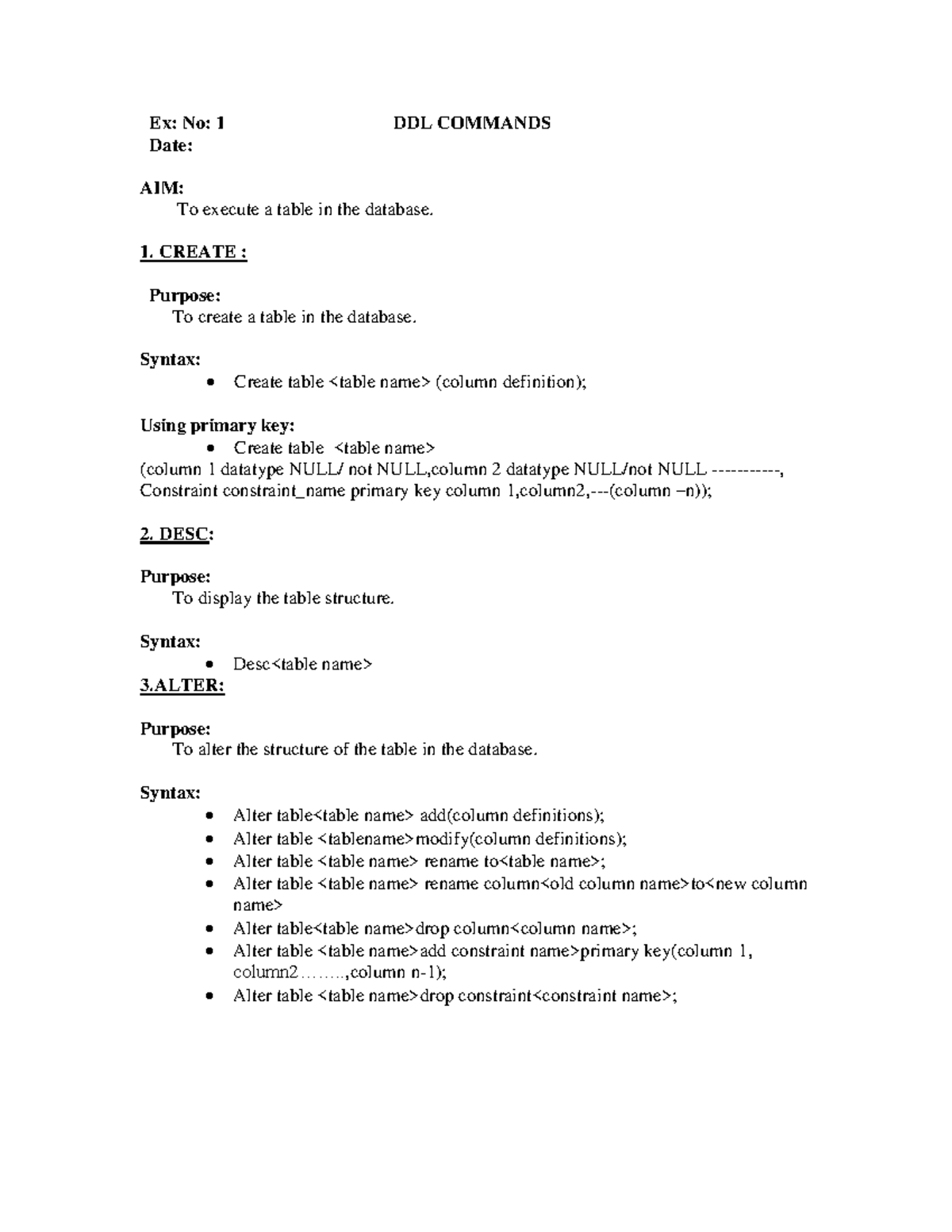 DBMS Manual: DDL, DML, and SQL Constraints Overview - Studocu