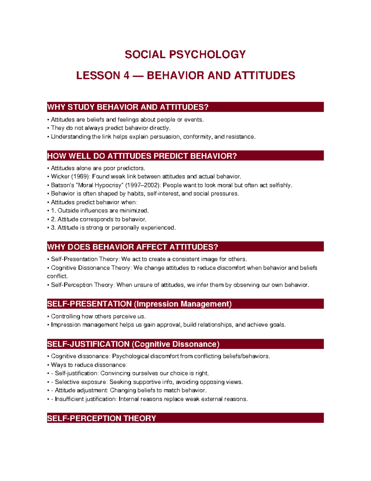 SOCIAL PSYCHOLOGY LESSON 4: BEHAVIOR & ATTITUDES REVIEW - Studocu