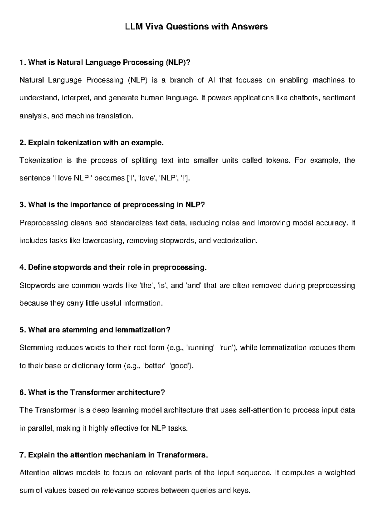 LLM Viva Questions & Answers: Understanding NLP Fundamentals - Studocu