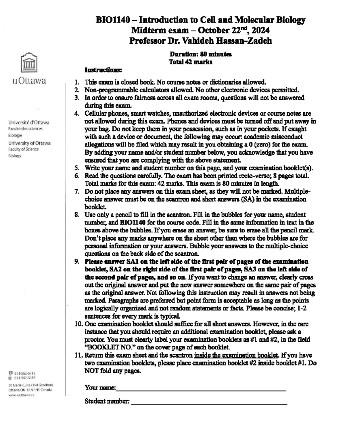 BIO1140 Midterm Exam: Introduction to Cell and Molecular Biology - Studocu